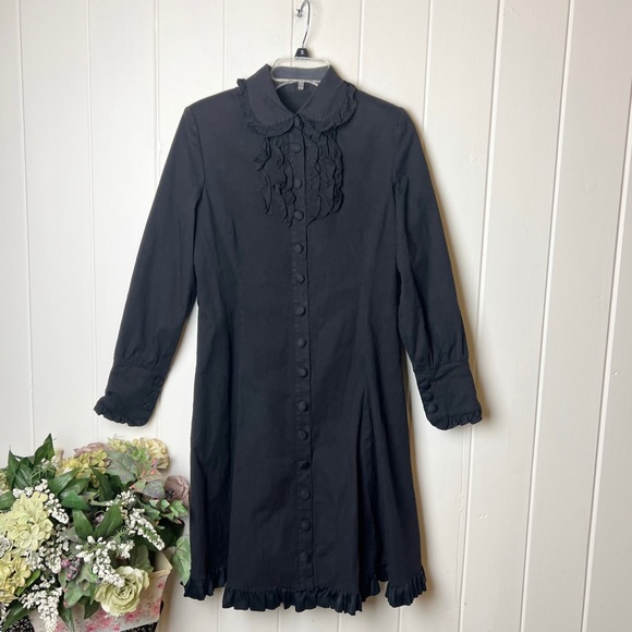 Dresses | Vintage Black Ruffle Front Button Down Dress | Poshmark